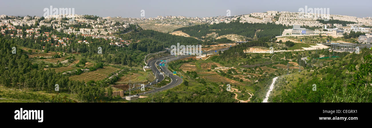 Panoramic aerial view on highway among the hills of Jerusalem, Israel ...