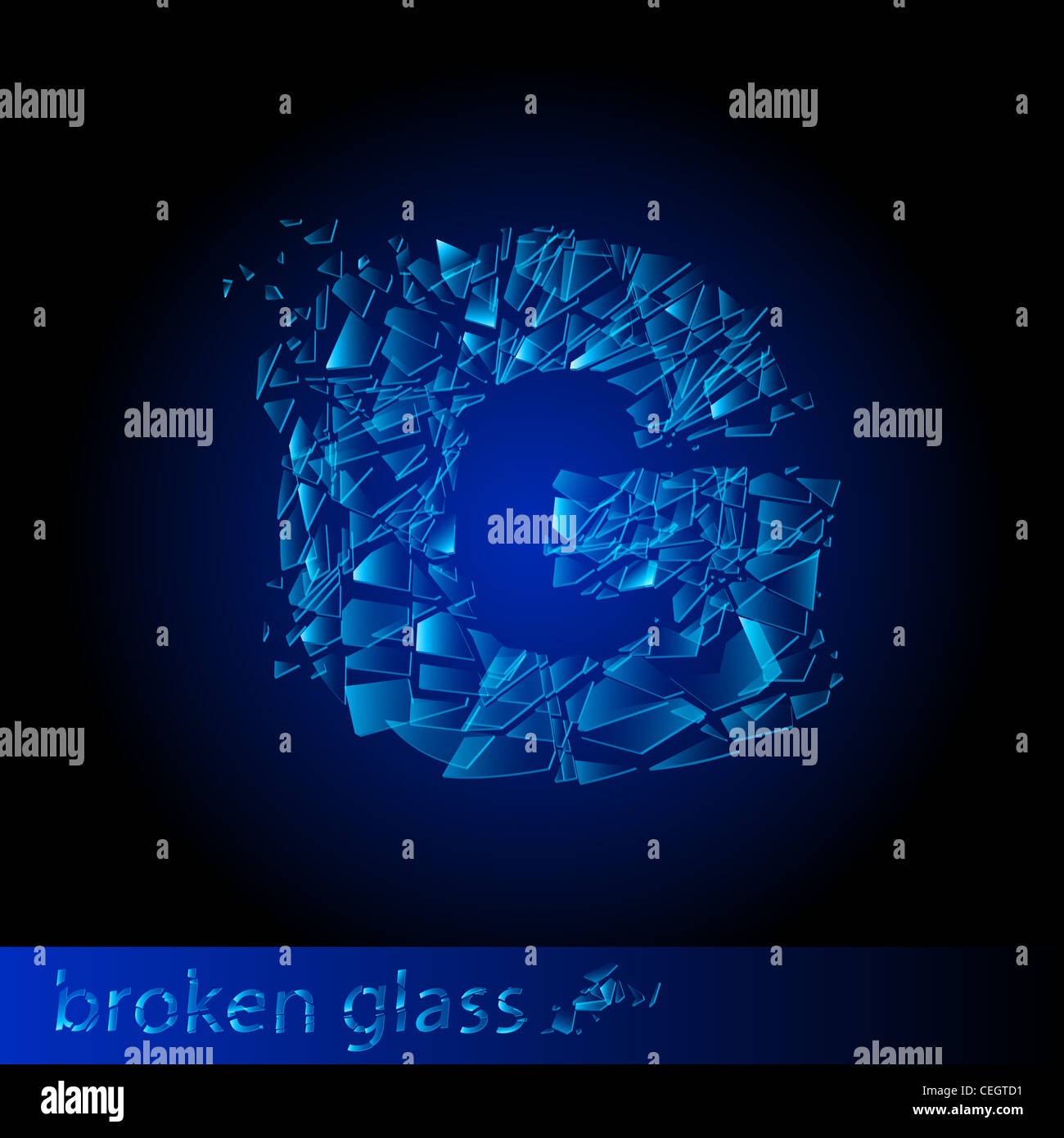 One letter of broken glass - G. Illustration on black background Stock ...