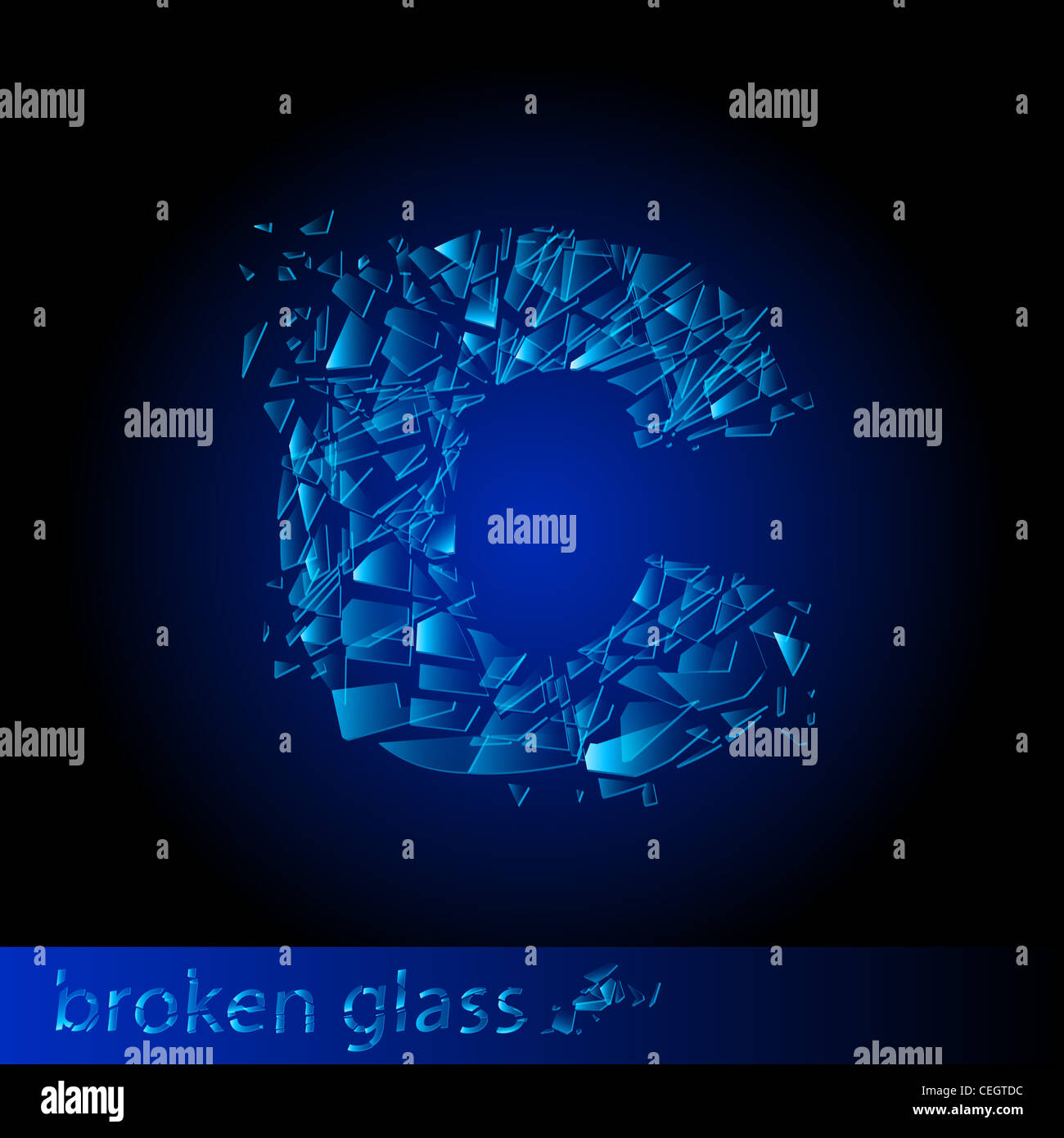 One letter of broken glass - C. Illustration on black background Stock ...