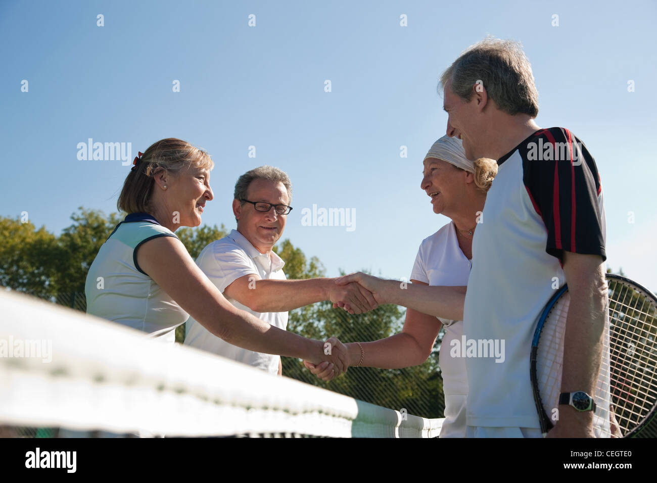 Senior and mature adults shaking hands on tennis court Stock Photo - Alamy