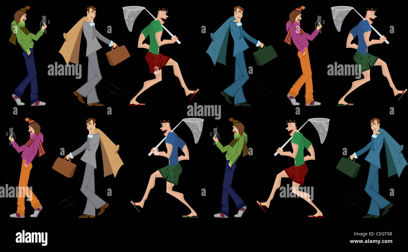 Three men walking seamless pattern on black background Stock Photo - Alamy