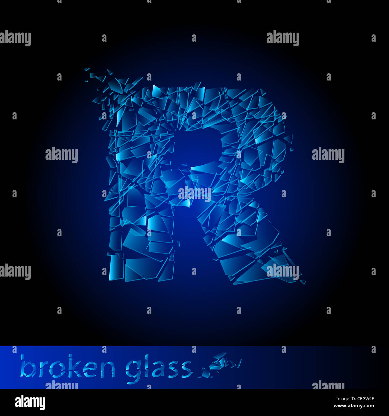 One letter of broken glass - R. Illustration on black background Stock ...