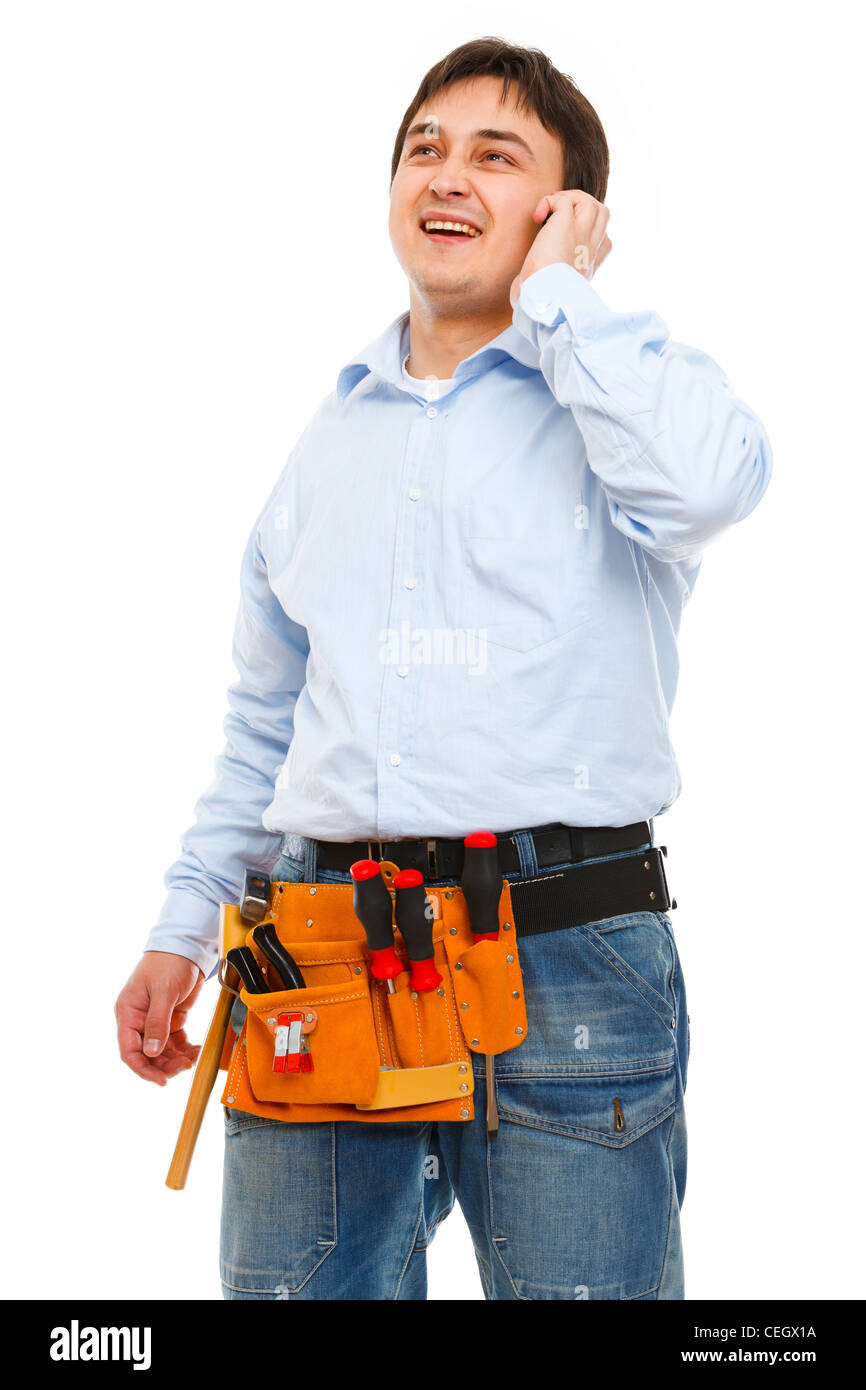 Portrait of construction worker speaking phone Stock Photo - Alamy