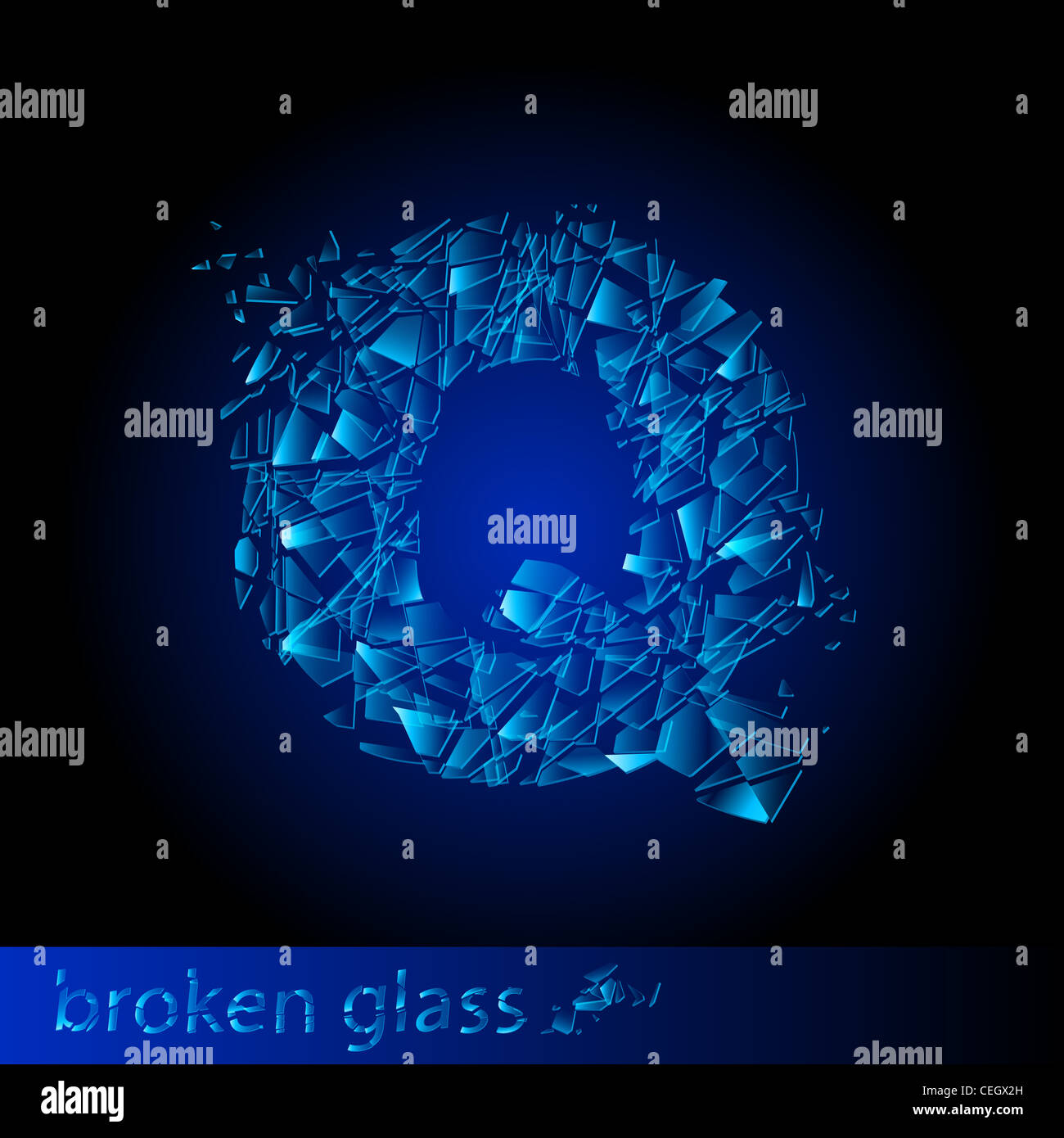 One letter of broken glass - Q. Illustration on black background Stock ...