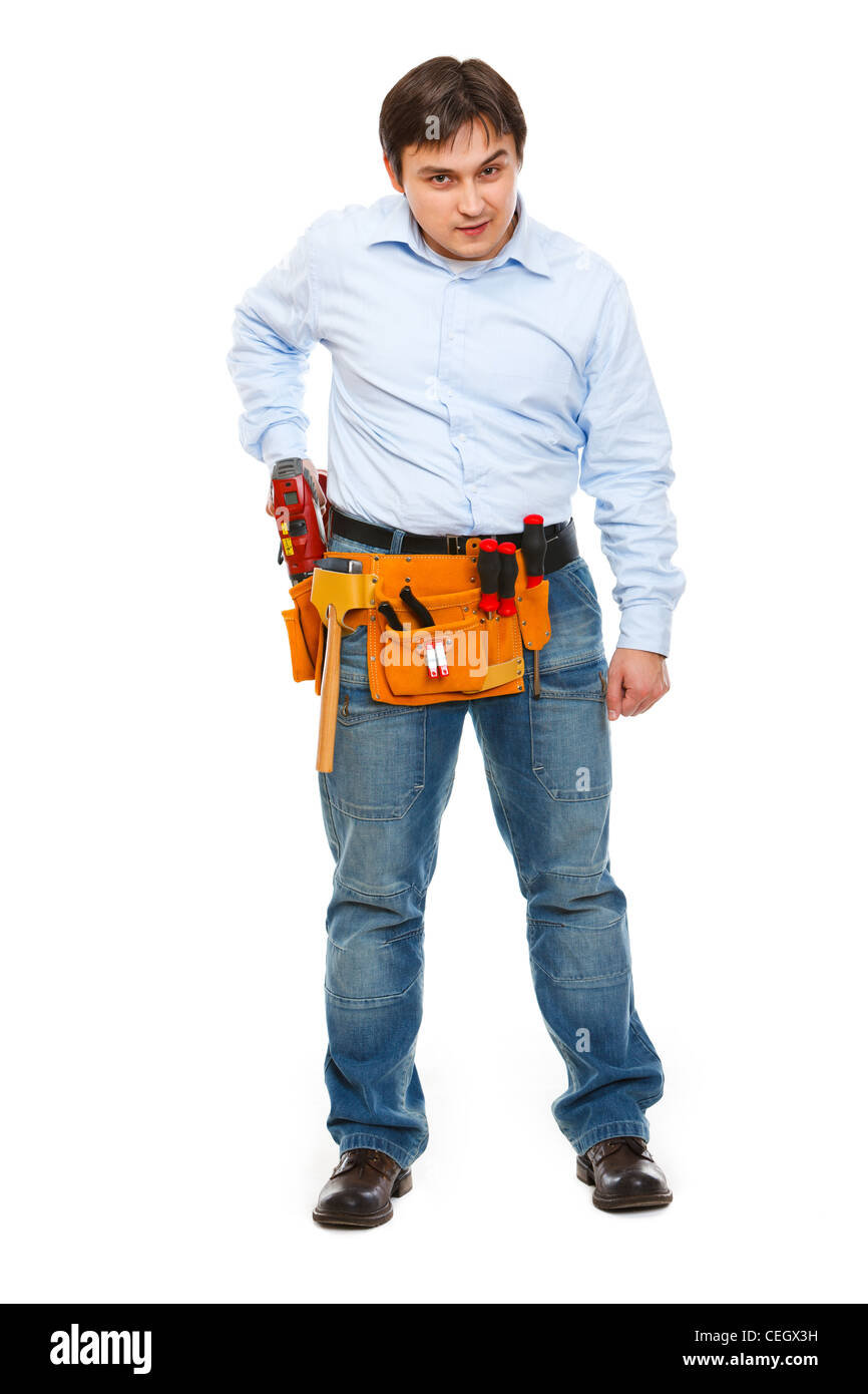 Construction worker using drill as a gun Stock Photo - Alamy