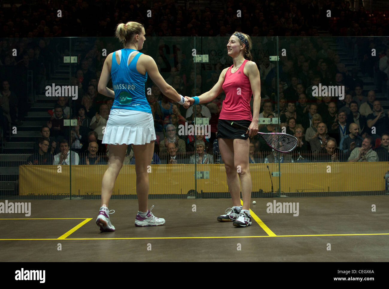 Alison Waters congratulates Laura Massaro on winning the Nation Squash ...