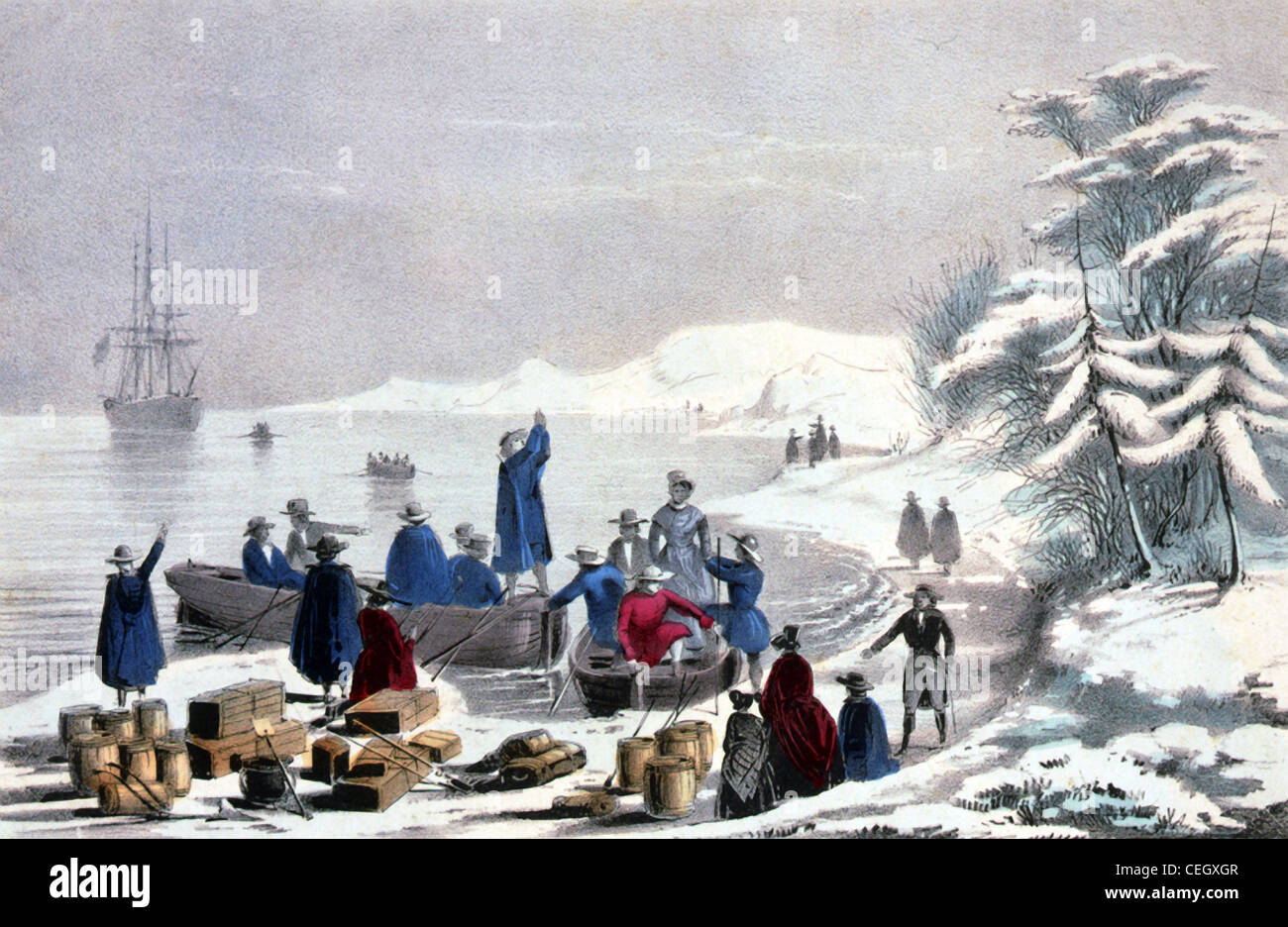 Vintage print depicting the landing of the Pilgrims in 1620 Stock Photo ...