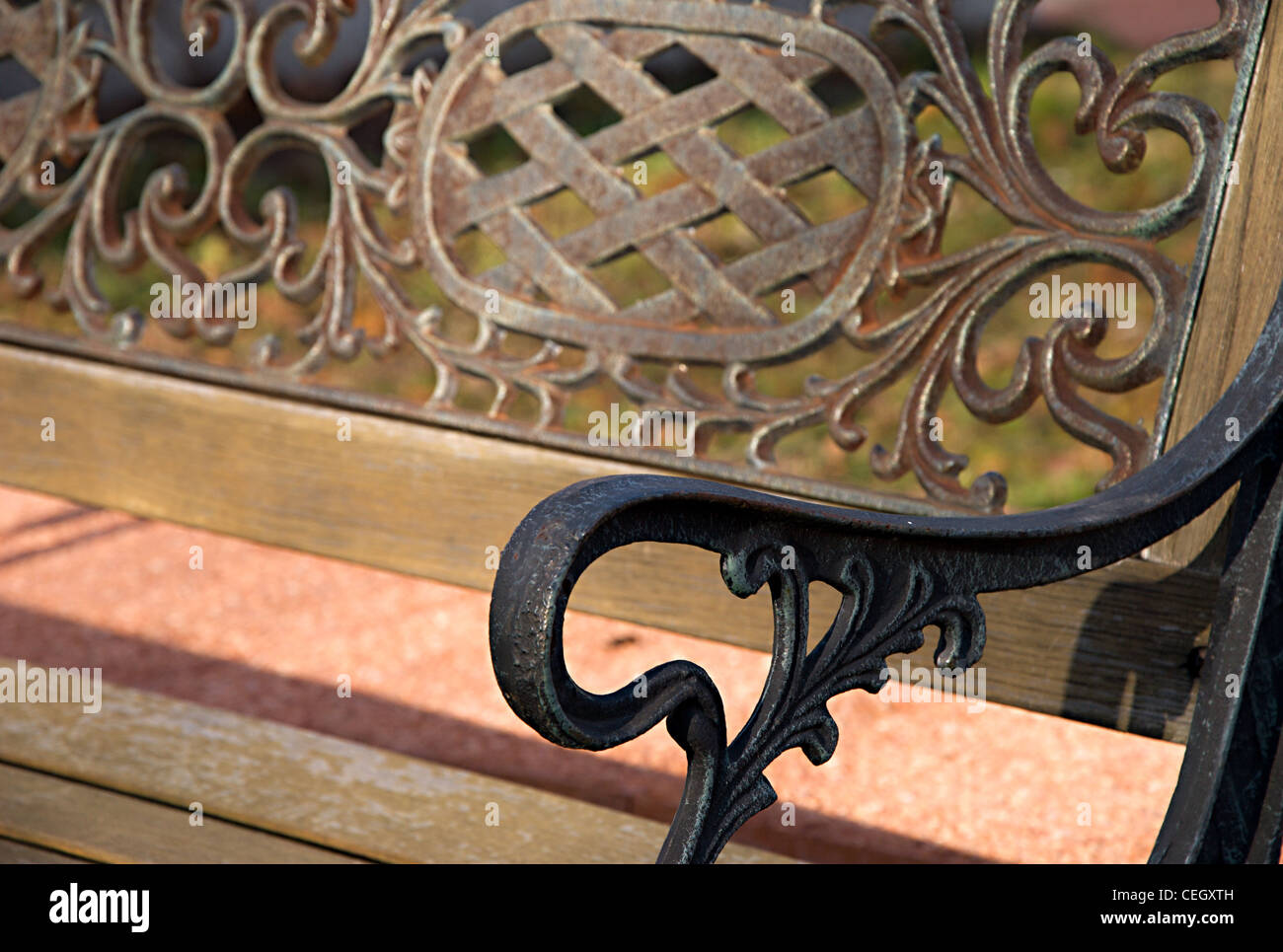 Detail of old park bench in park Stock Photo - Alamy