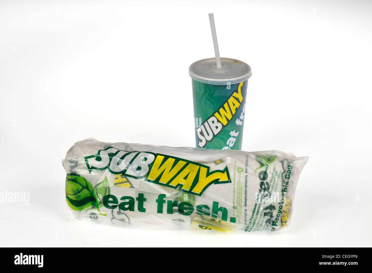 Wrapped subway footlong submarine sandwich with soda cup beverage on ...