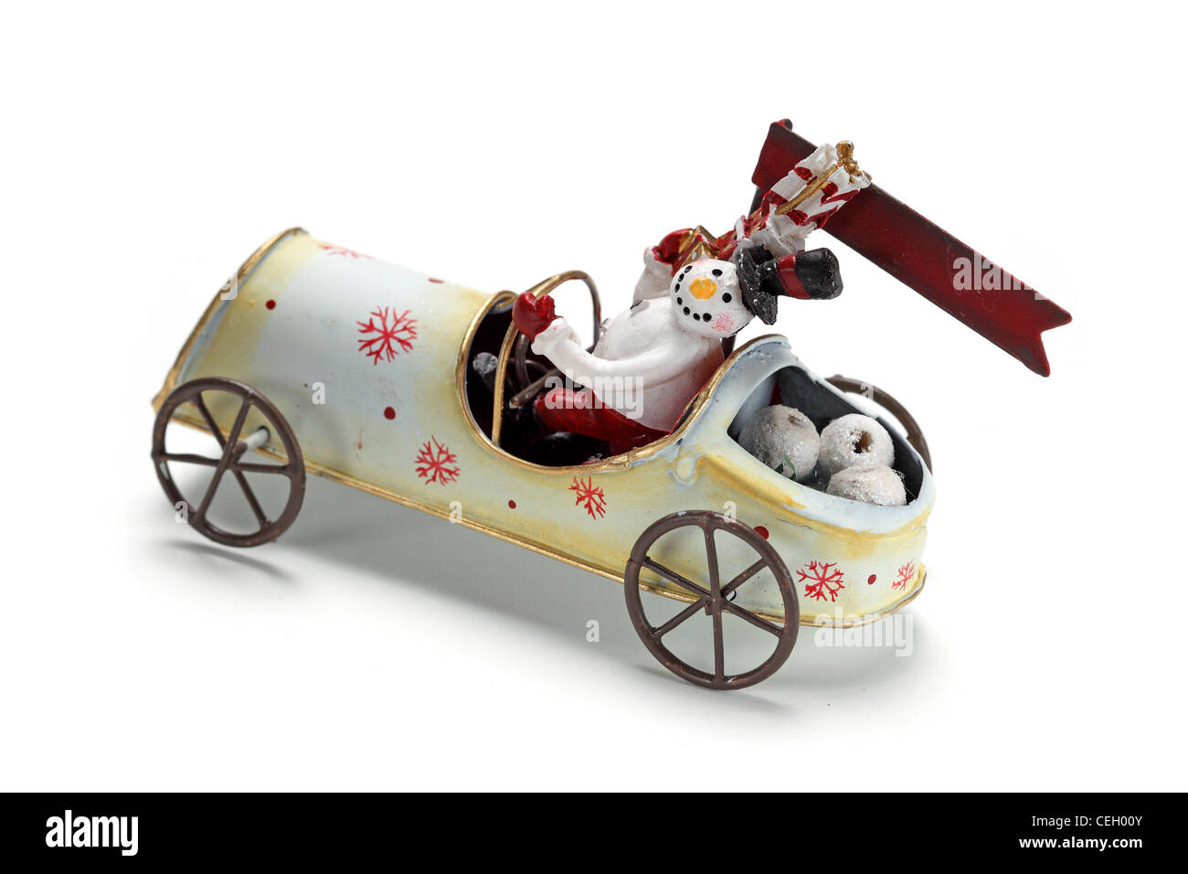 snowman driving old fashion classic car Stock Photo - Alamy