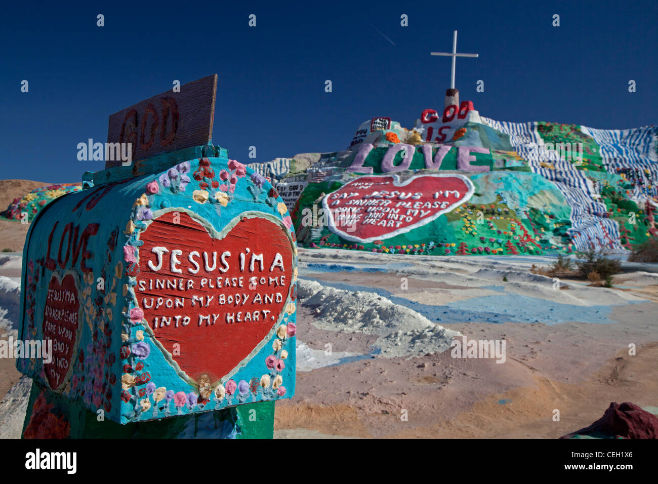 Niland, California - Salvation Mountain, a desert hillside covered with ...