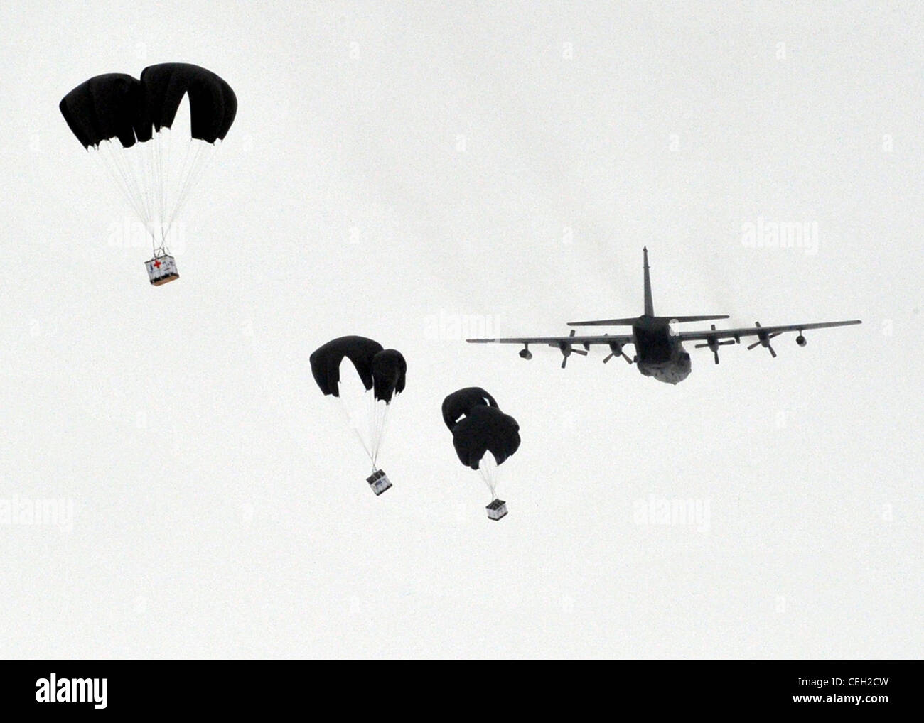 Container Delivery System bundles full of supplies are dropped out of a ...