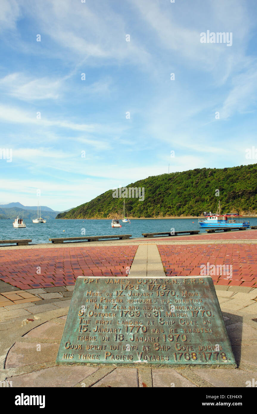A plaque commemorating Captain Cook at Ship Cove near Picton in New ...