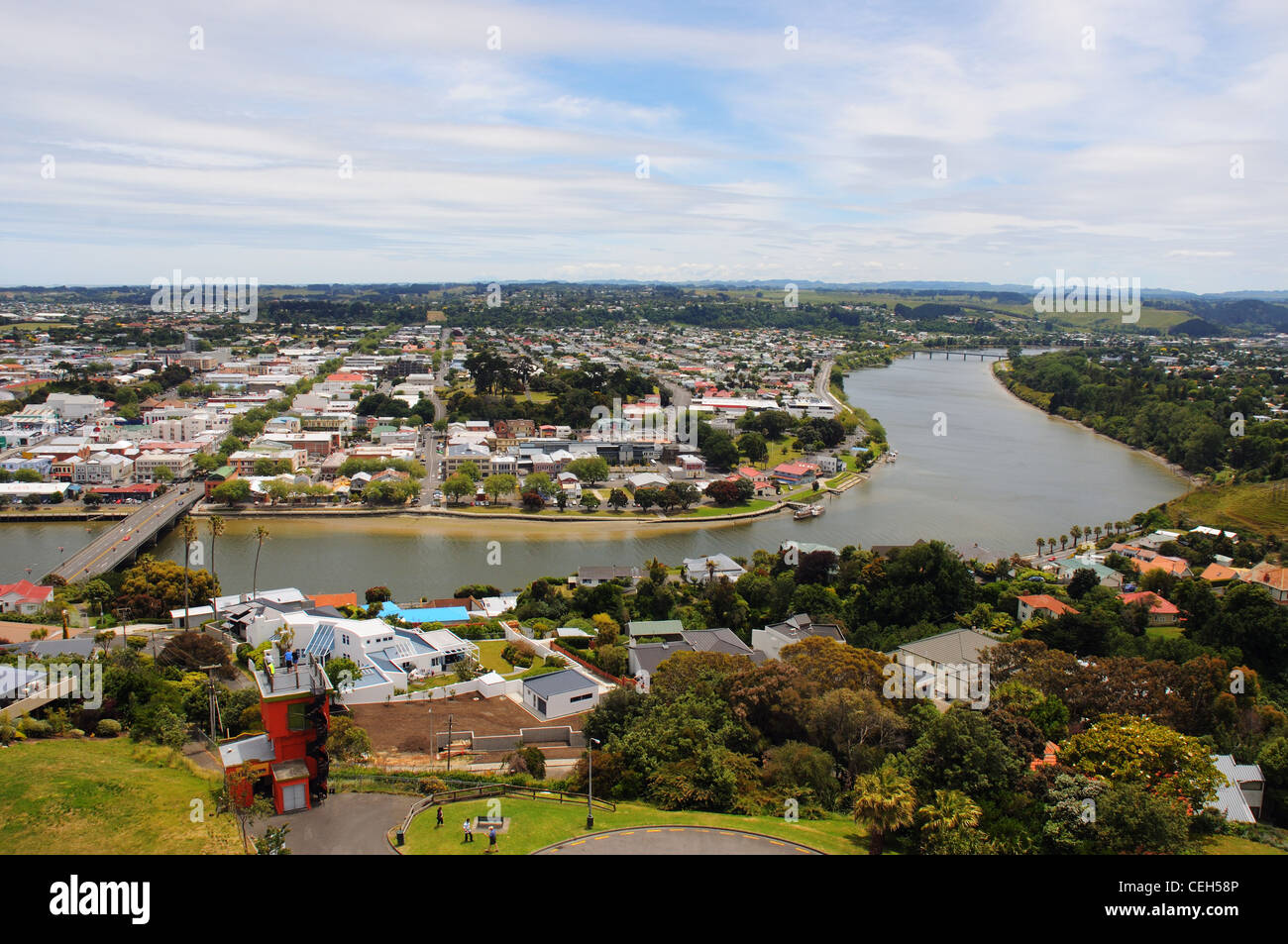 A view over the New Zealand town of Wanganui on the river Whanganui ...