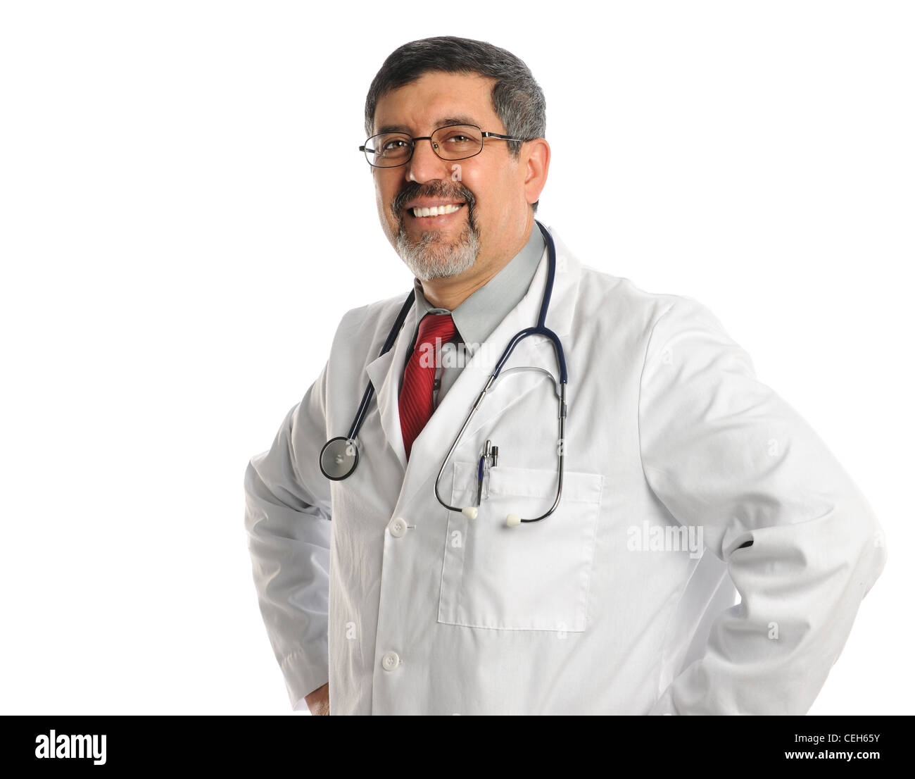 Portrait of Hispanic doctor smiling isolated over white background ...