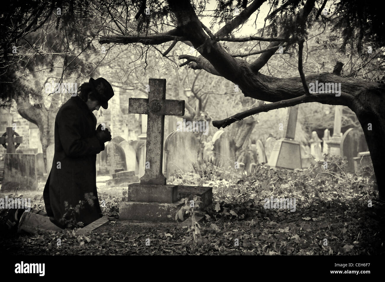 Man is praying in the cemetery on his knees under a tree Stock Photo ...