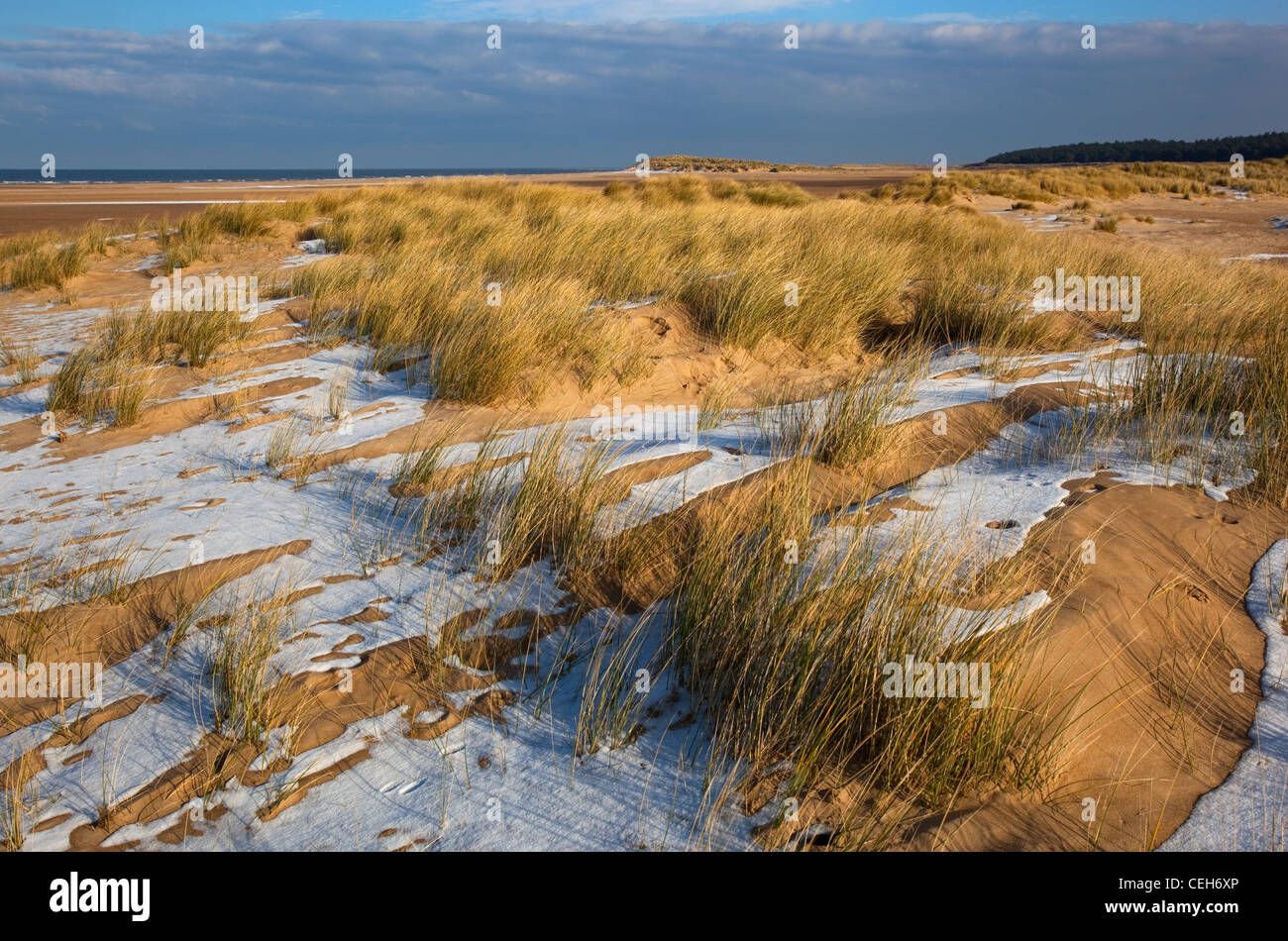Snow covering the sand dunes and beach at Holkham bay on the Norfolk ...