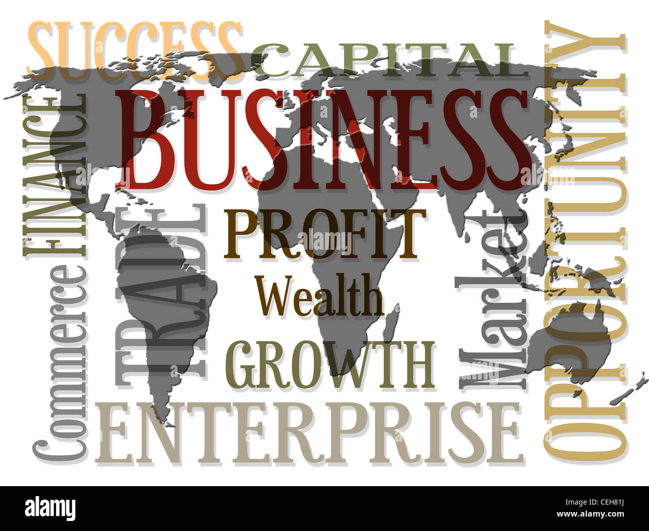 Words relating to business over world map background Stock Photo - Alamy
