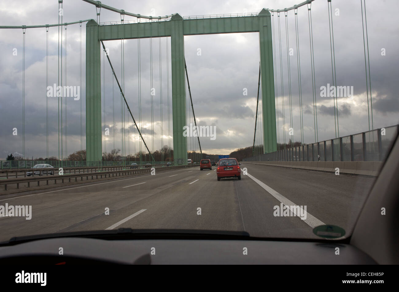 Crossing the Rodenkirchen road bridge over the river Rhine on the ...