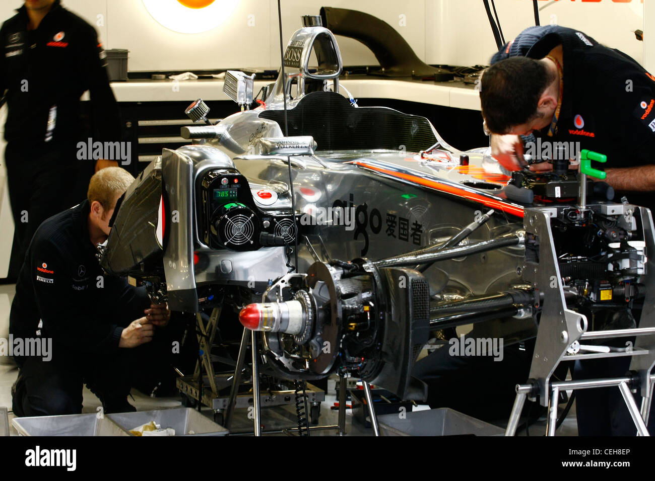 Jenson Button's car being prepared at the 2011 Silverstone Grand Prix ...