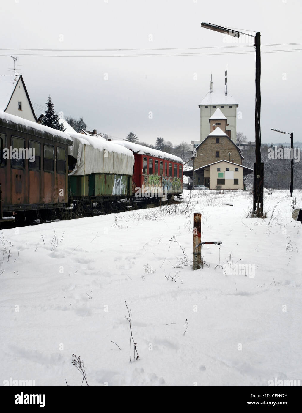 outdoor shot of old railway cars and station in Southern Germany at ...