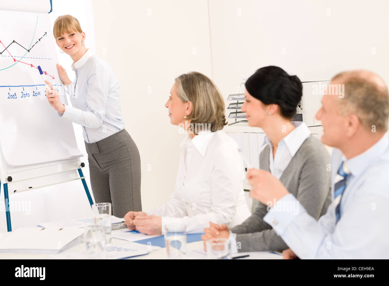 Giving presentation young executive during meeting woman pointing flip ... Giving presentation young executive during meeting woman pointing flip ...