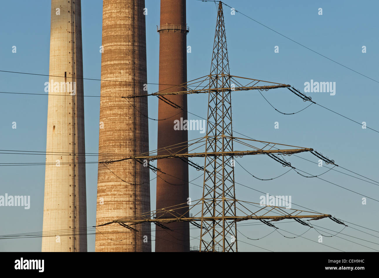 Chimney stacks and high-voltage electricity pylon ThyssenKrupp steel ...
