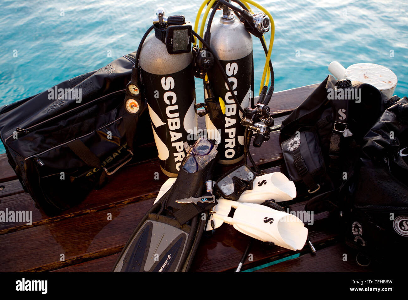 Scuba equipment at water's edge Stock Photo - Alamy