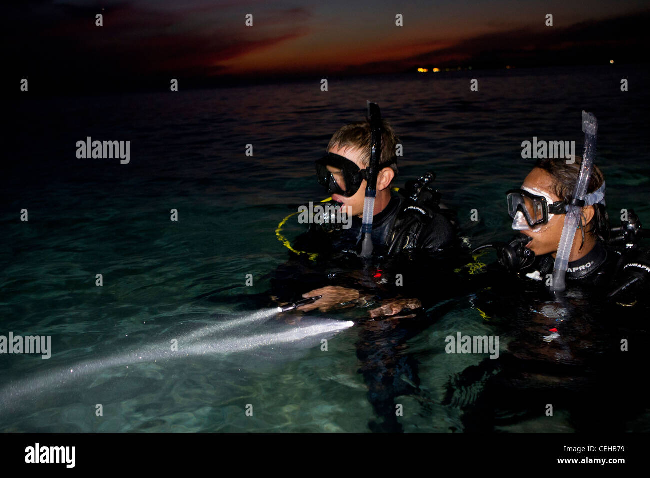 Scuba divers at night in shallow water Stock Photo - Alamy