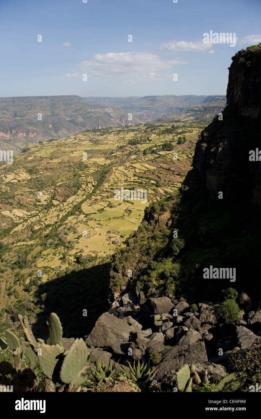 Overlooking the African Rift Valley and farms near Debre Libanos in ...