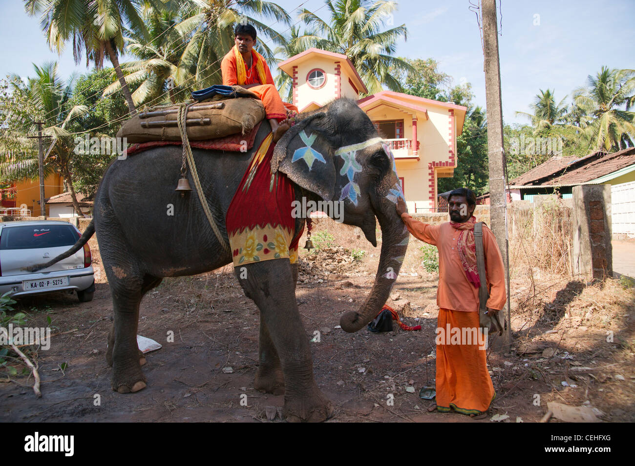 A temple elephant working with Hindu monks in Candolim, Goa Stock Photo ...