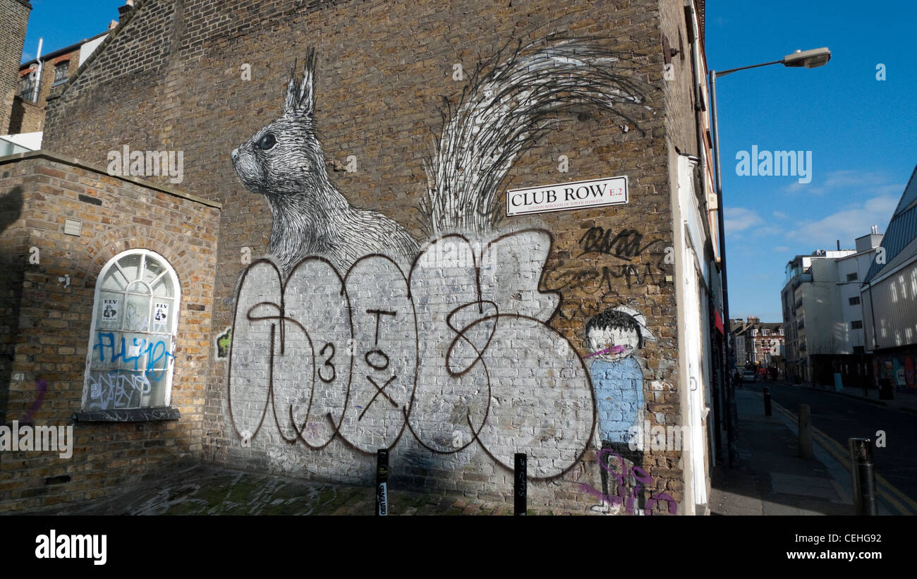 Squirrel grafitti on a wall at Club Row E2 and Redchurch Street ...