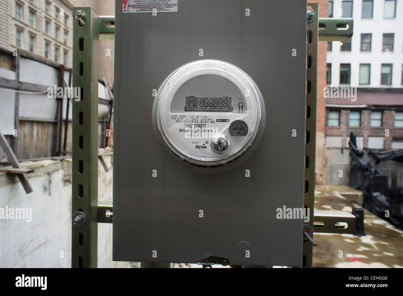 An electric meter outside of a construction site in Lower Manhattan in ...