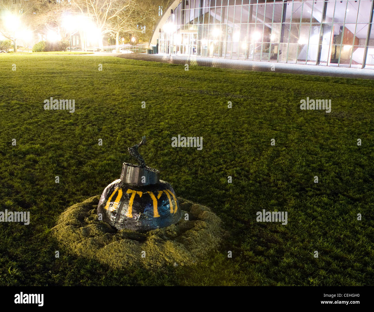 A large black fake bomb made from concrete appeared on Kresge Oval on 4 ...