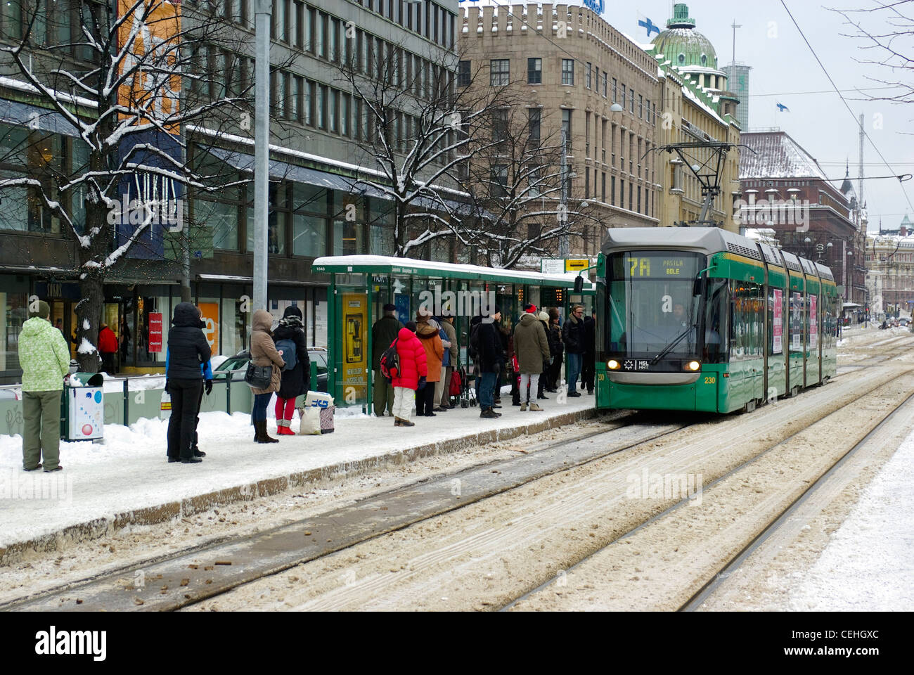 Finland. Helsinki. Tram. Public transport. A public transport stop ...