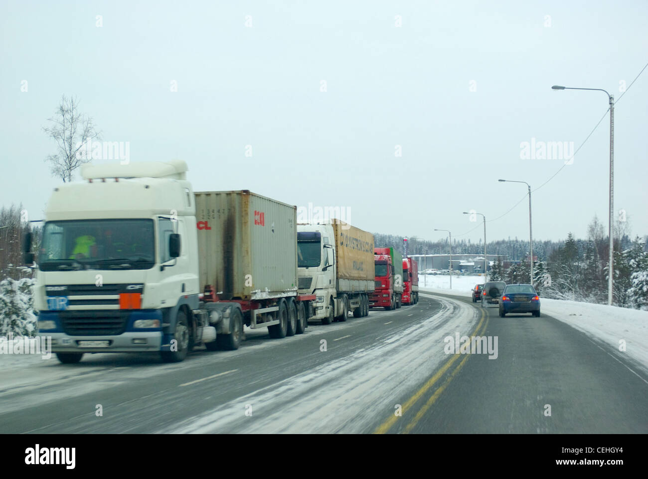Finland. The queue of trucks at a checkpoint Nuijamaa - Brusnichnoe ...