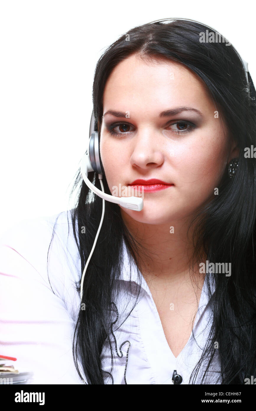 modern business woman with headset microphone sitting at office desk ...