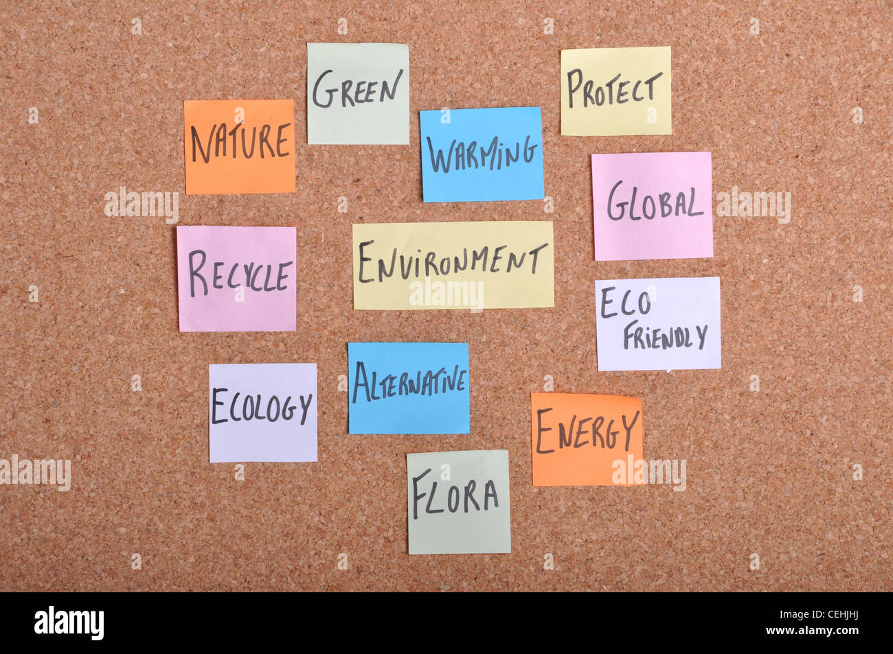 environment concept with keywords written on colorful note papers ...