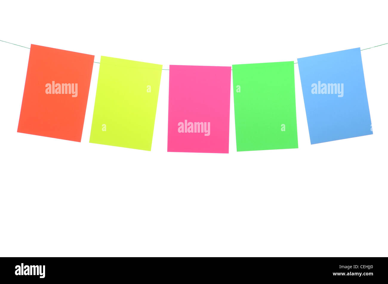 colored big paper notes hanging on wire (isolated on white background ...