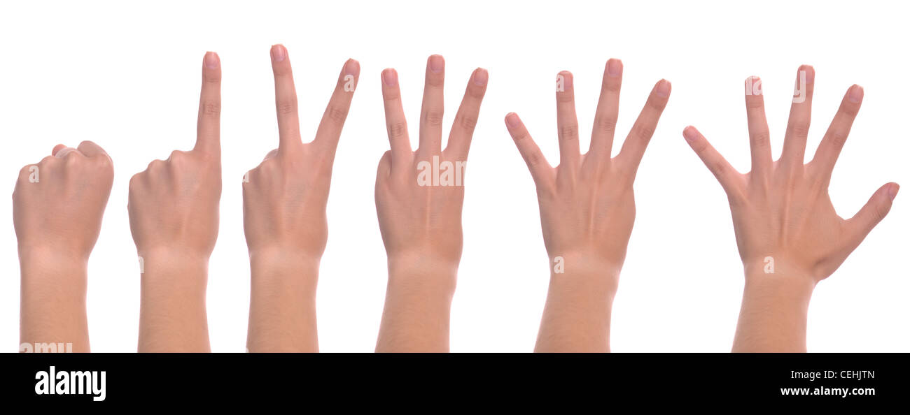 set of front woman hands counting from zero to five (isolated on white ...