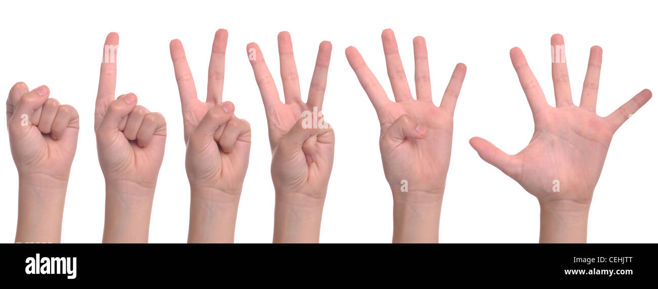 set of back woman hands counting from zero to five (isolated on white ...