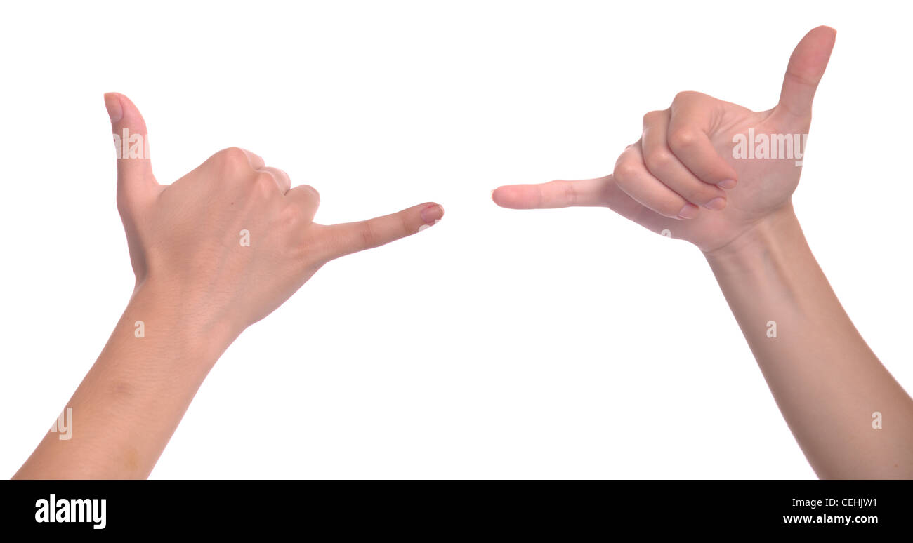 front and back woman hand making a call me gesture (isolated on white ...