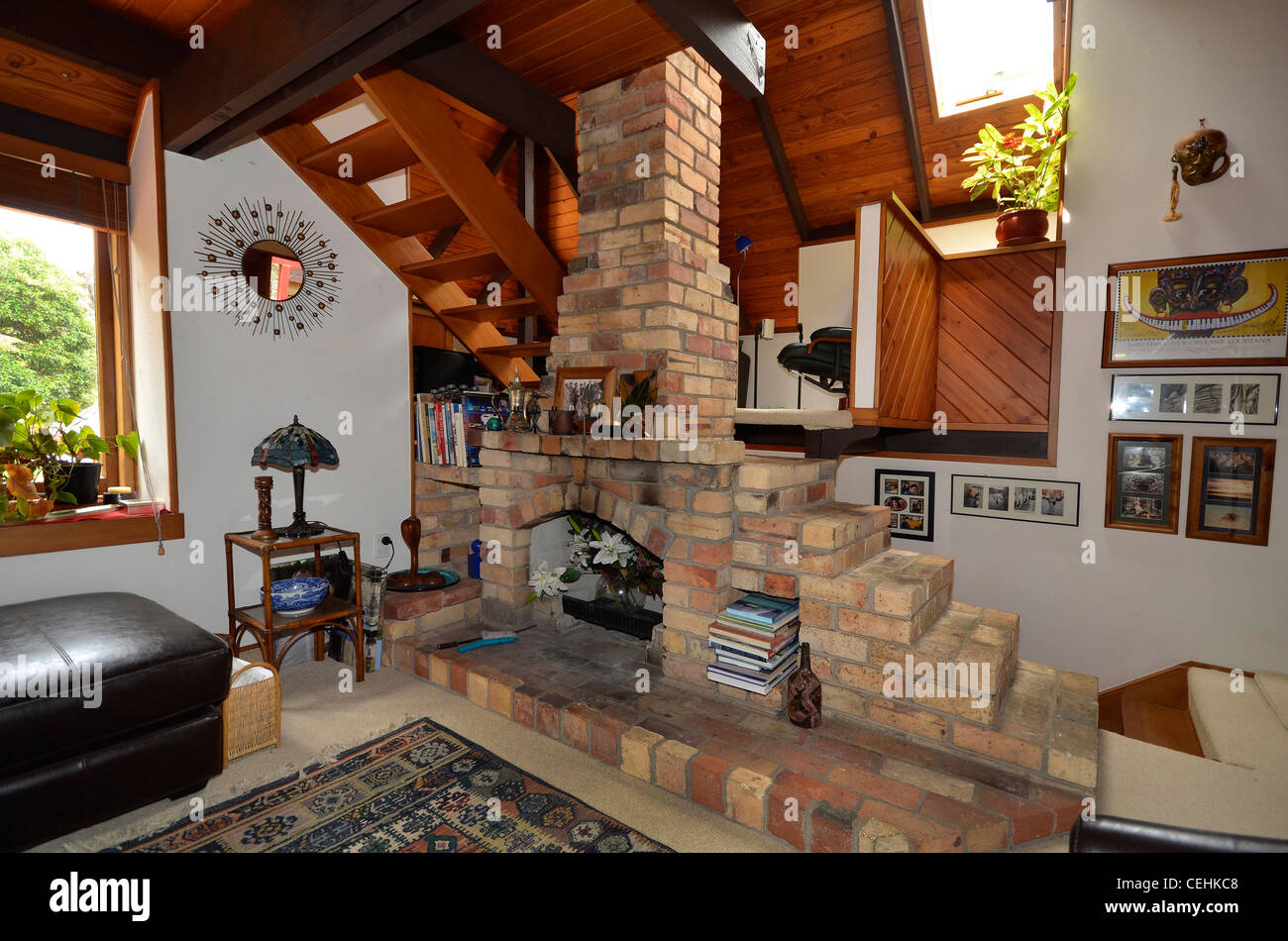 Open brick fireplace and chimney, sitting room, 1978 timber house ...