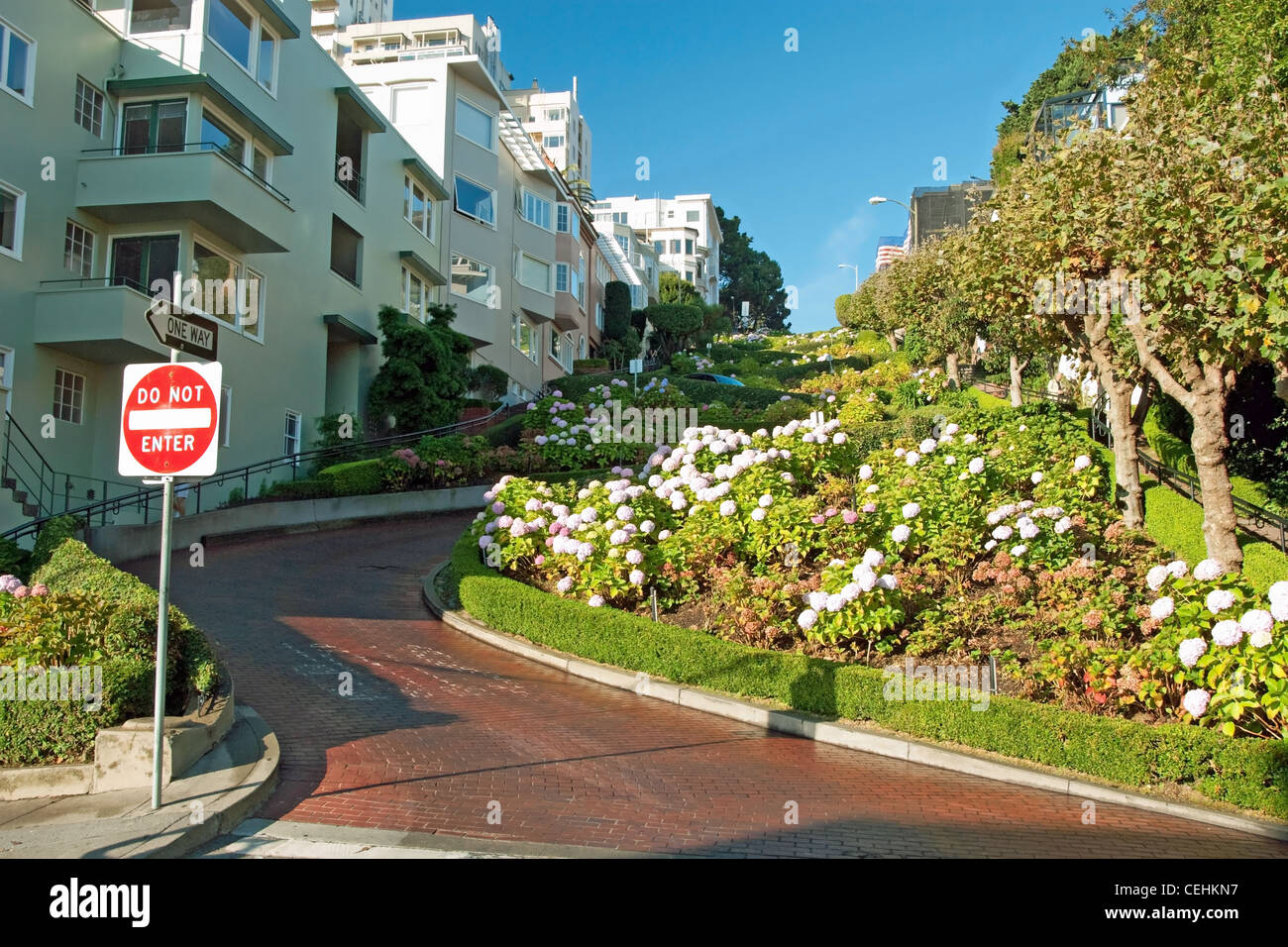 Lombard street in San Francisco with a beautiful blue sky, the ...