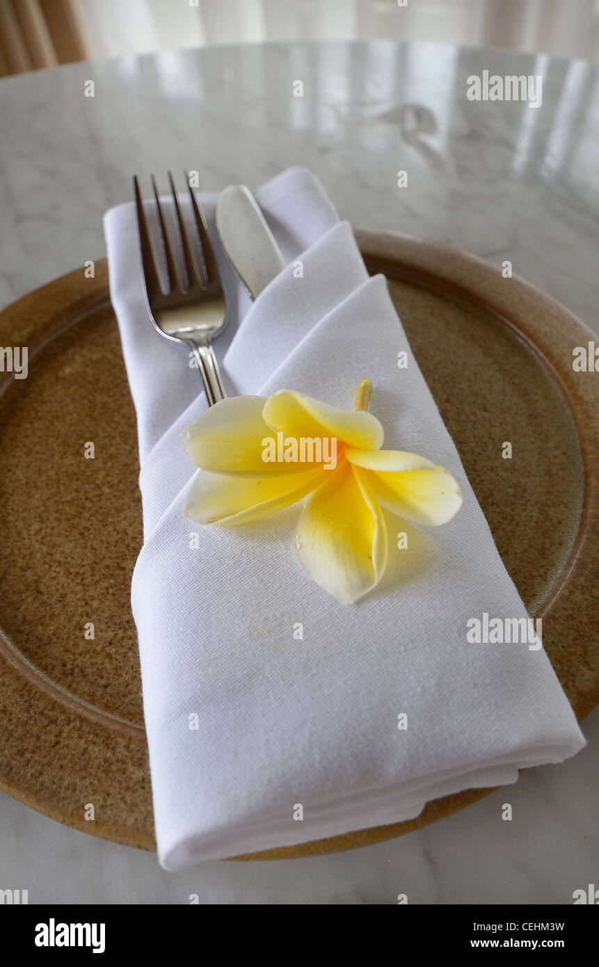 Plate with folded linen napkin with knife and fork with lotus flower ...