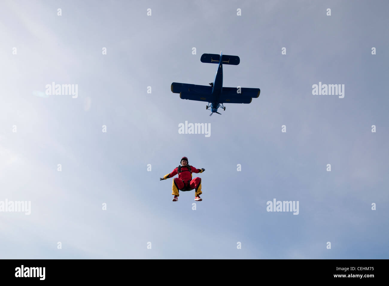 Skydiver girl jumped out of plane into the blue sky free fall. She is ...