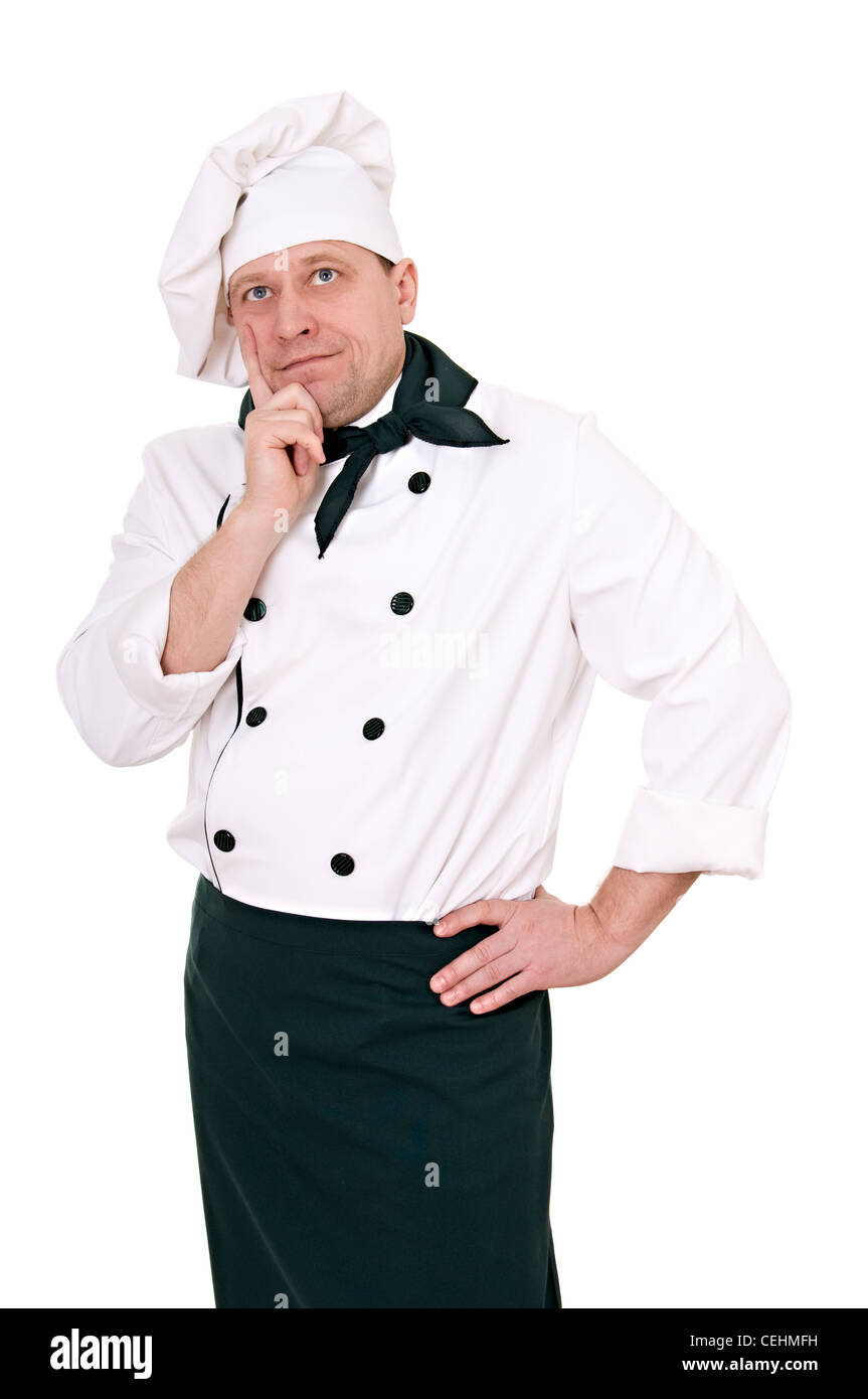 brooding chef looks up isolated on white background Stock Photo - Alamy