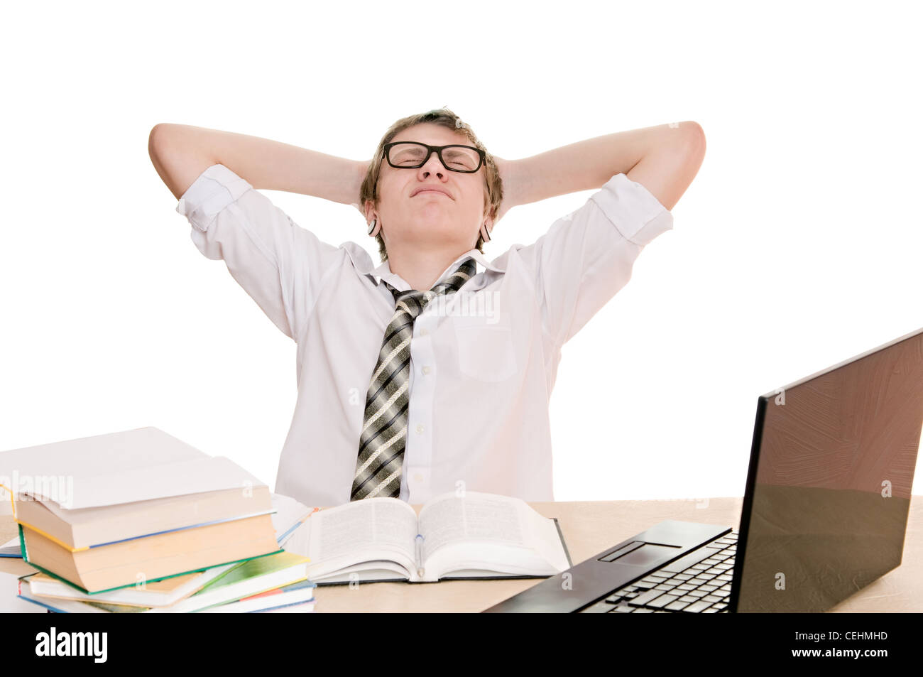 vacationer student sits behind a desk isolated on white background ...