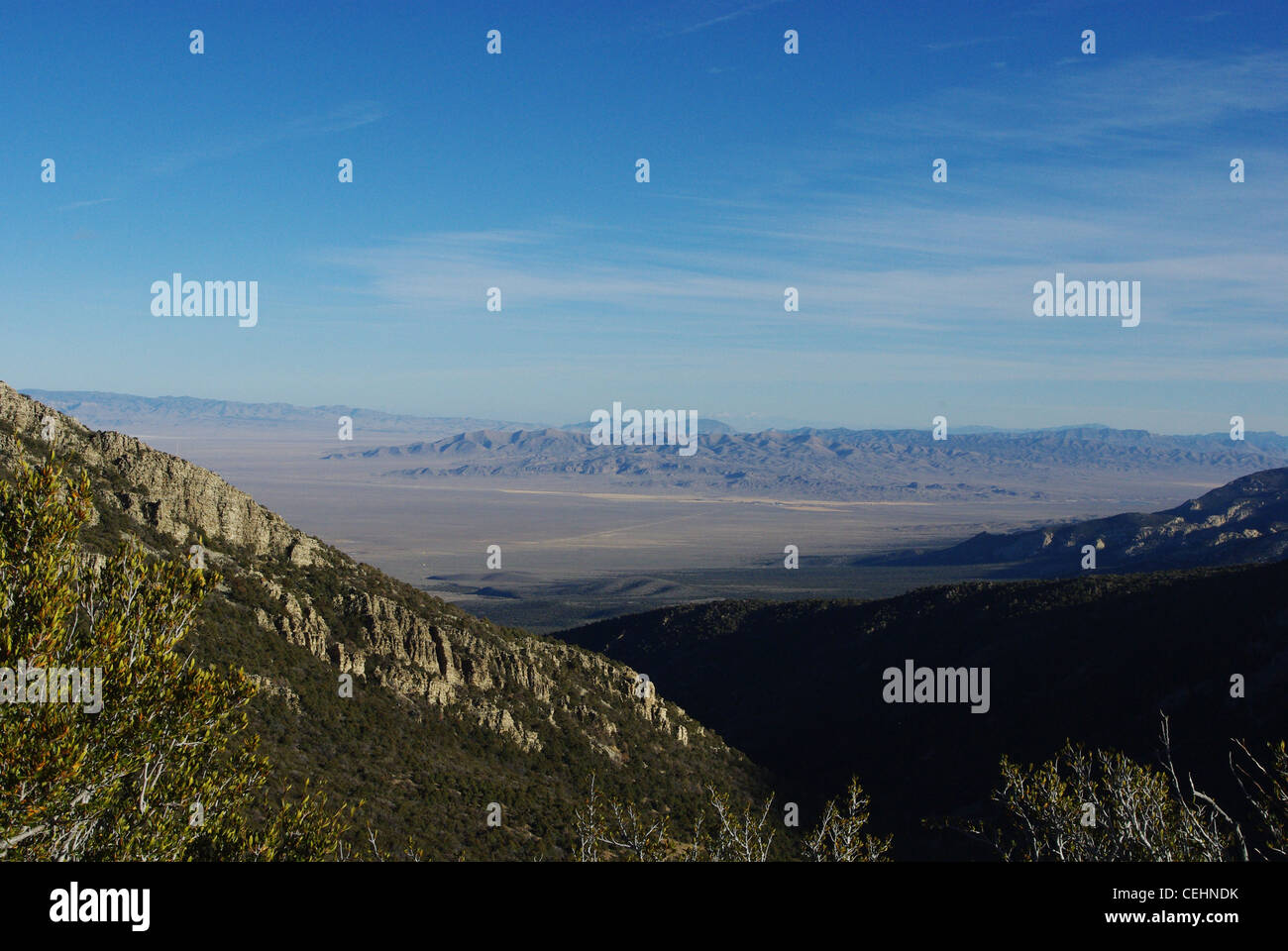 Far view from Wheeler Peak Road down to Nevada and Utah desert with ...