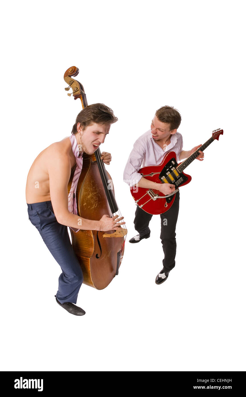 two cheerful musicians isolated on white background Stock Photo - Alamy